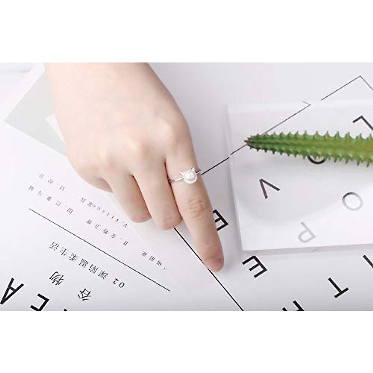 Flzaitian Cat ear pearl ring cat claw open ring cat index finger joint ring jewelry for women (White)