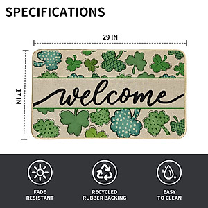 St Patricks Day Decorative Doormats, Seasonal Spring Welcome Green Lucky Shamrock Rugs Holiday Low-Profile Floor Mat Switch Mat for Indoor Outdoor 17 x 29 Inch DM051