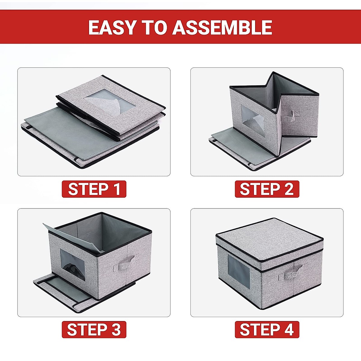 Sakuchi China Storage Containers for Dishes With Handles, Dinnerware Storage Box for Plates with 12 Cushion Sheets, 12"x12", Set of 2 (Grey)