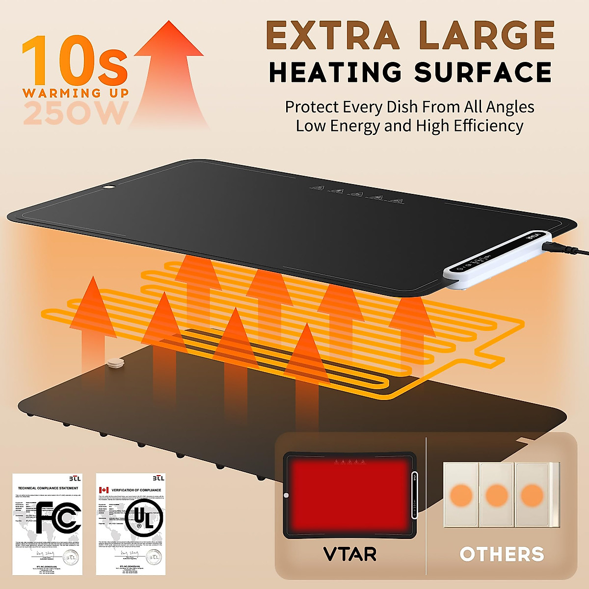 VTAR Electric Food Warming Mat Tray Warmer for Party Buffet Servers Hot Logic Heating Heater Full Surface Keep Warm, Rollable Portable, Premium Silicone, 3 Temperature Set, Auto Shut Off - Black