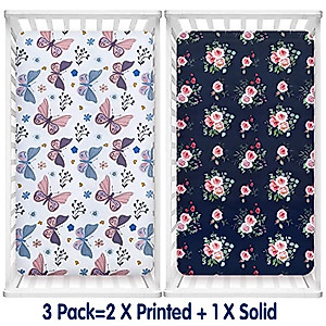 AMROSE 3 Pack Heavenly Soft Crib Sheets for Baby Girls, 28'' X 52'' Fitted Crib Sheets for Crib and Toddler Mattress Pad, Silk Touch Gentle Breathable Microfiber, Floral & Butterfly