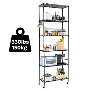 Homdox 6-Tier Wire Storage Rack with Wheels, Skinny Shelf for Small Spaces, Metal Shelves for Storage with Side Hooks, for Pantry Organization, Bathroom, Kitchen, Black
