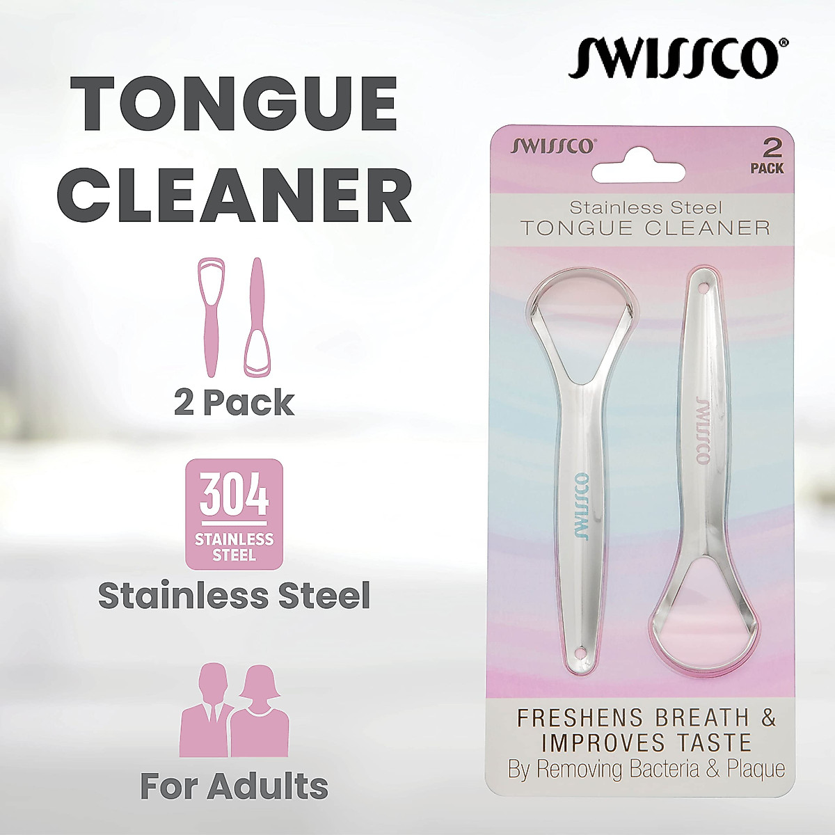 Tongue Scraper by Swissco | Stainless Steel Tongue Cleaner | Reduces Bad Breath, Improves Oral Care | Pack of 2 Tongue Scrapers
