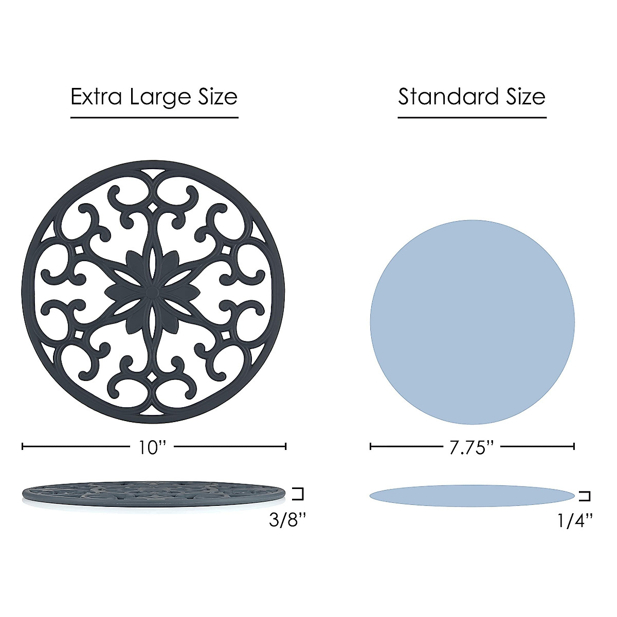 gasaré, Extra Large, Extra Thick, 10" Silicone Trivets for Hot Dishes, Pots, and Pans, Heat Resistant, Nonslip, Dishwasher Safe, for Countertops and Dining Tables, 10 x 1/4 Inches, Set of 3, Gray