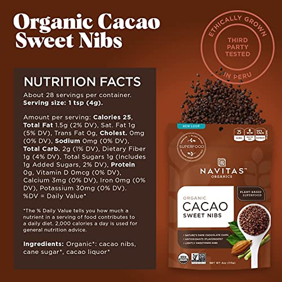 Navitas Organics Cacao Sweet Nibs, 4oz. Bag, 28 Servings — Organic, Non-GMO, Gluten-Free