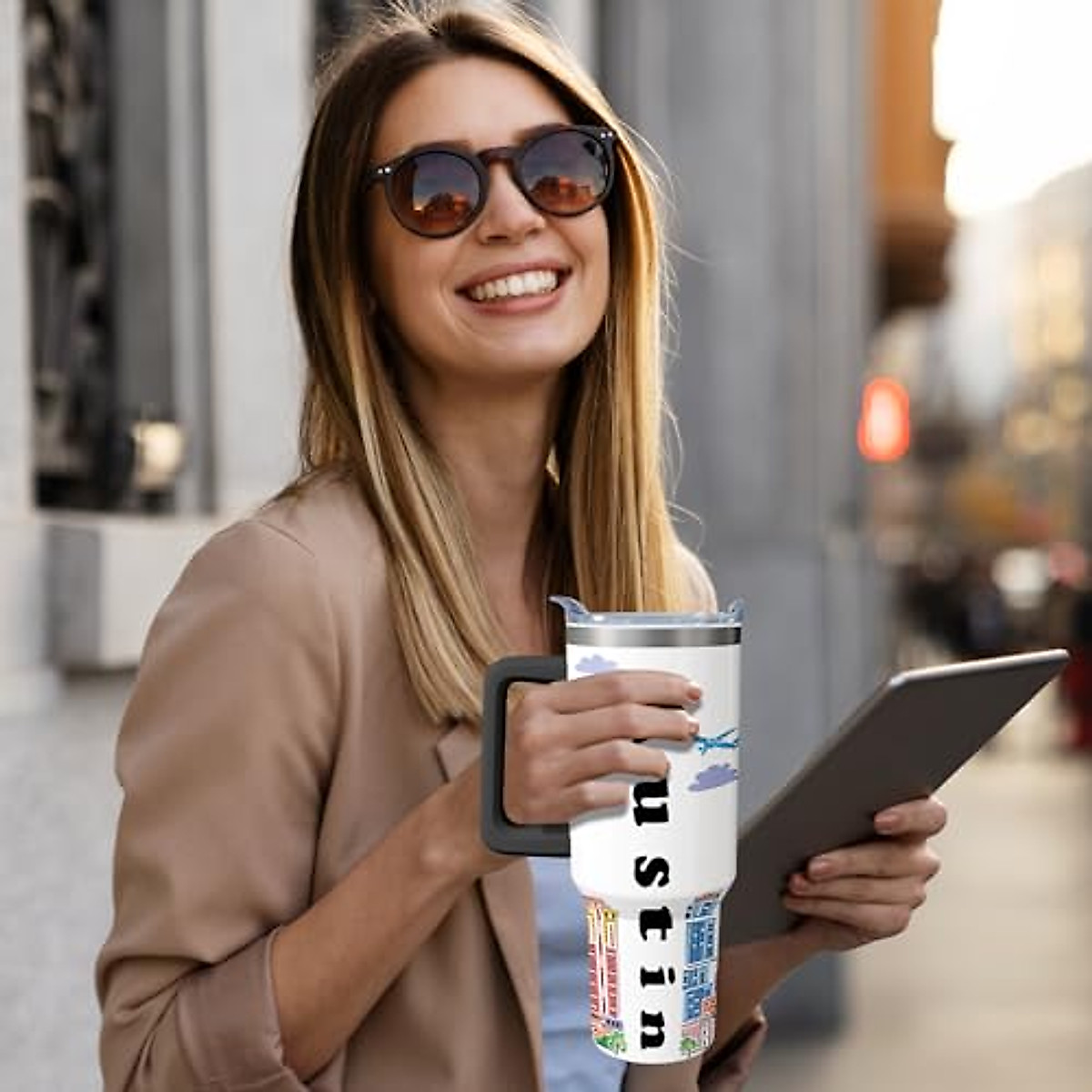 Vehcimbev City Themed Tumbler - 40oz With Hanld Stainless Steel Travel Coffee Mug with Leak Proof Lid - Hot/Cold Drinks,Perfect Austin Souvenir Gift (Austin)