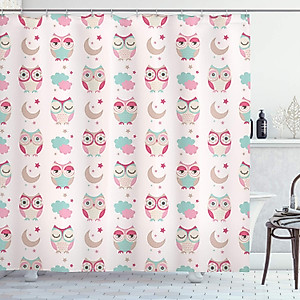 Ambesonne Owls Shower Curtain, Owls Stars Moon Patterns in Feminine Soft Colors Symmetric Design Artwork, Cloth Fabric Bathroom Decor Set with Hooks, 69" W x 84" L, Almond Green Pink Tan