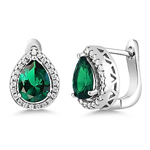 Pendant and Earrings Jewelry Set For Women | 925 Sterling Silver | Blue Simulated Sapphire Green Nano Emerald or Red Created Ruby | 6.50 Cttw | Pear Shape 9X7MM | with 18 Inch Silver Chain)