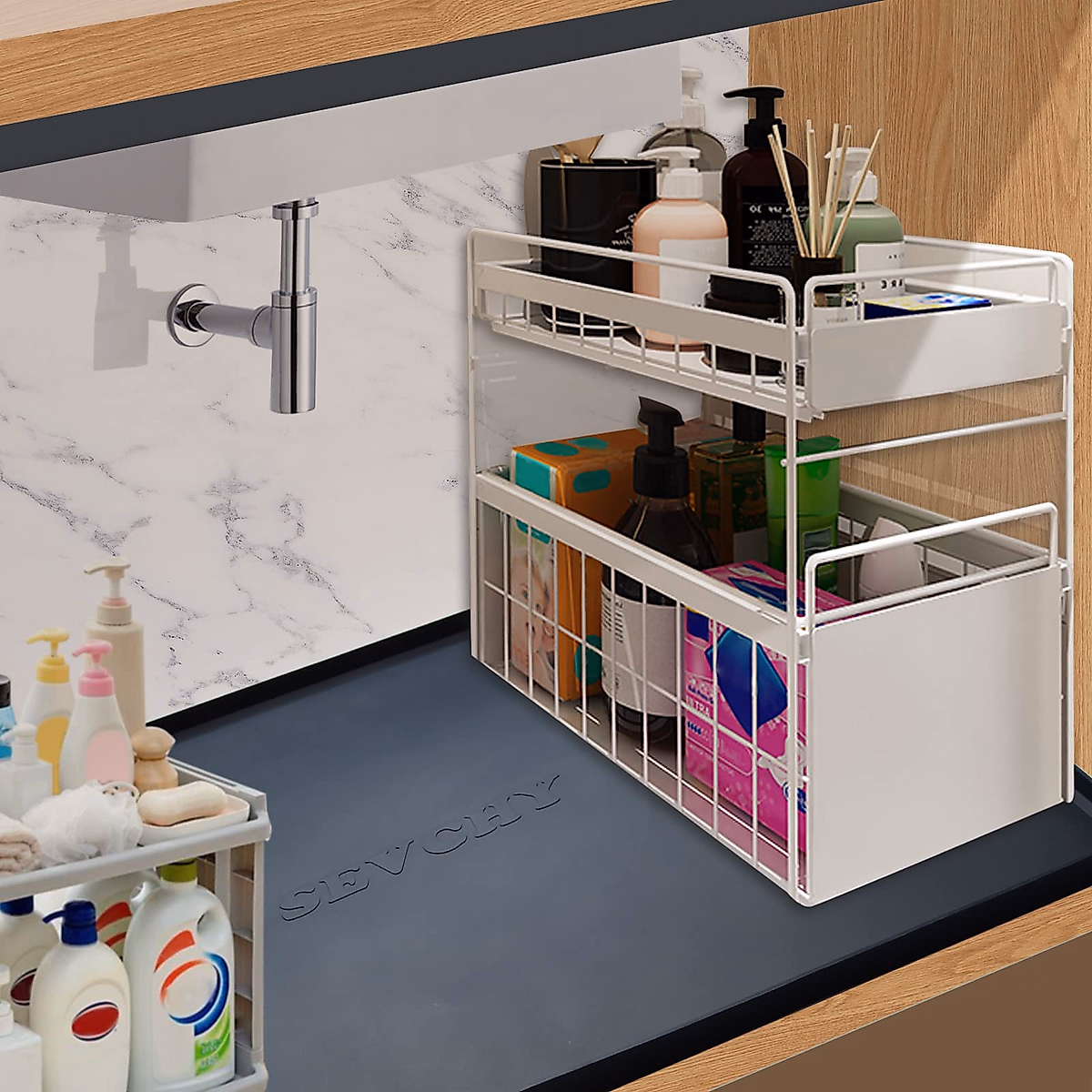 SEVCHY Under Sink Mat 34''x22'', Silicone Under Sink Cabinet Protector Mat, Silicone Waterproof Mat Multi-functional for Kitchen, Bathroom and Laundry Room, Easy to Install Flexible Mat (Grey)