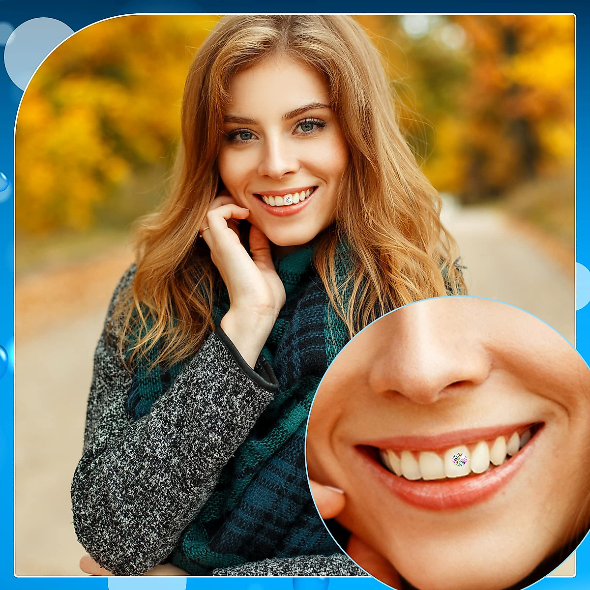 61 Pcs Tooth Gem Kit DIY Teeth Jewelry Dental Teeth Gems Reflective Teeth Diamonds Kit Artificial Crystal Tooth Ornaments Jewel with Applicator Sticks Dot Drill Pen Cotton Sticks(White,Colorful,Blue)