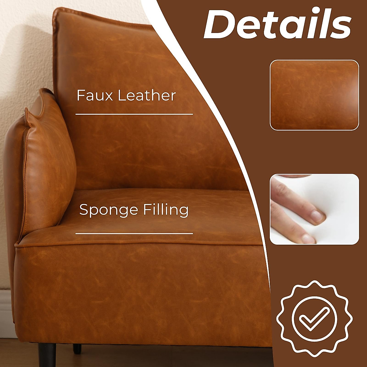 ROCITY Faux Leather Loveseat Sofa 53 Inch Small Love Seat Couch Modern Brown Sofa Couch for Home Living Room, 2 Seater, 20.7 Inch Deep Seats