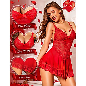 RSLOVE Lace Babydoll Lingerie for Women Chemise Sexy Sleepwear Dress Red S