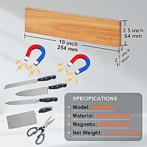 VEVOR Magnetic Knife Holder 10", Enhanced Strong Magnet, No Drilling Knife Strips Organizer for Wall, Multifunctional Storage Acacia Wood Knives Rack Kitchen Bar Knives Christmas Crafts Xmas Gift