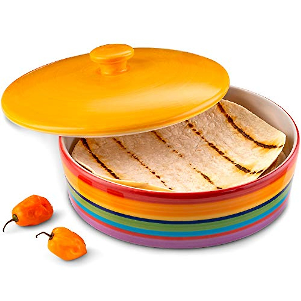 KooK Ceramic Tortilla Warmer, Colorful Design, Perfect for Pancakes, Holds up to 12 tortillas, 8.5 Inch Diameter, Taco warmer 40oz