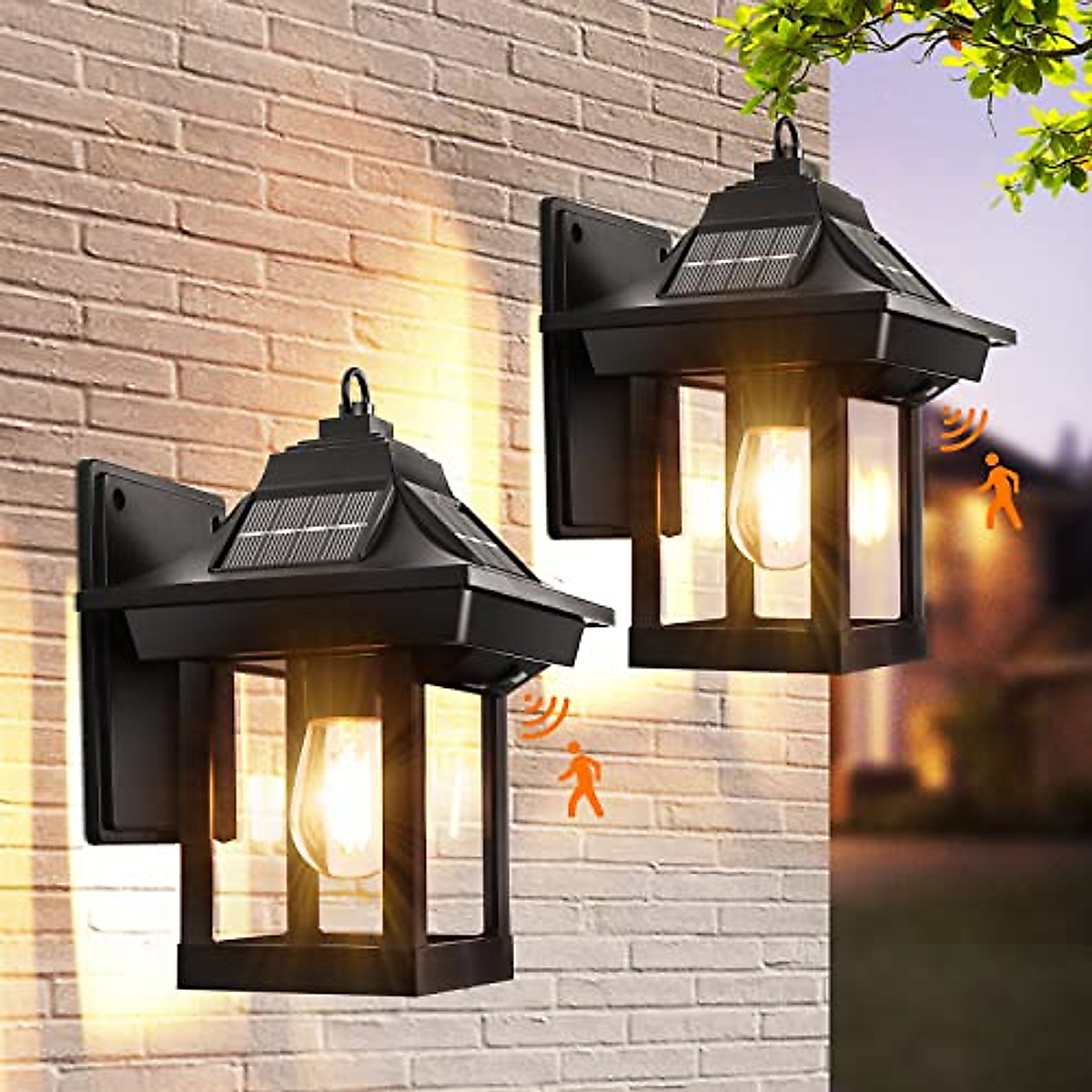 Solar Outdoor Wall Lights 2 Pack, Salangae Motion Sensor Solar Lantern with 3 Modes and IP65 Waterproof, Wireless LED Sconce Lights Dusk to Dawn Exterior Solar Porch Lights, for Outdoor Patio Yard