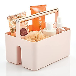 mDesign Plastic Shower Caddy Storage Organizer Utility Tote, Divided Basket Bin - Metal Handle for Bathroom, Dorm, Kitchen, Holds Soap, Shampoo, Conditioner - Aura Collection - Light Pink/Rose Gold