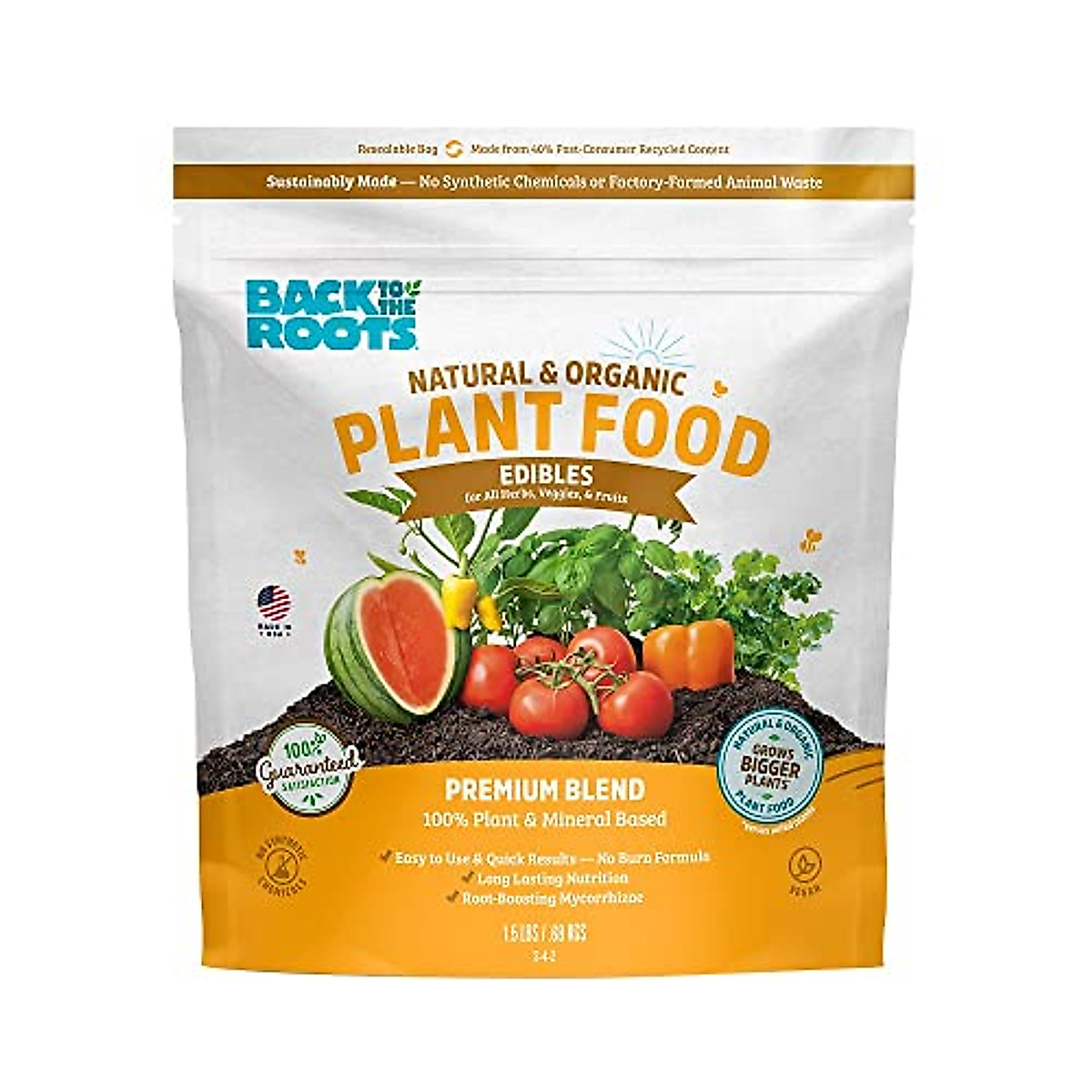 Back to the Roots Edibles Plant Food - Organic, Sustainably-Made Garden Fertilizer Made with Dolomitic Limestone, Mycorrhizae, and Kelp and Alfalfa Meal - 1.5 lb Premium Blend