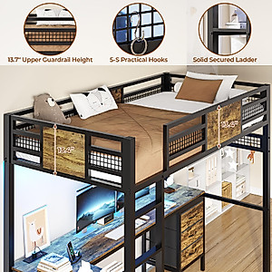 BTHFST Twin Loft Bed with L-Shaped Desk, Metal Twin Size Bed Frame with LED Lights & Charging Sation, 3 Fabric Drawers, 2-Tier Storage Shelves, Safety Guard & Ladder, No Box Spring Needed