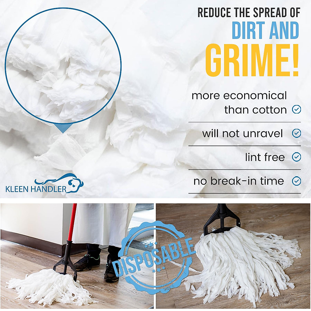 KLEEN HANDLER Bulk Disposable Cut-End Mop Head Non-Woven, Commercial Grade Replacement Mop Head (24 Case Pack)