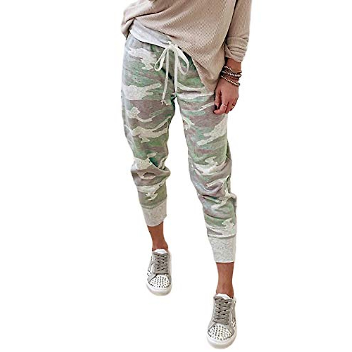 Acelitt Woman Fashion 2023 Casual Fall Drawstring Elastic Waist Camo Joggers with Pockets Sweatpants Workout Gym Comfy Athletic Pants Green XL