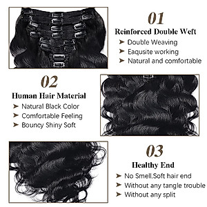 Body Wave Clip In Hair Extensions For Black Women 8Pcs Clip In Human Hair Extensions With 18 Clips Double Weft Natural Color 120g(16inch, Natural Black Body)