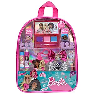 Barbie - Townley Girl Backpack Cosmetic Makeup Gift Bag Set 12 Pcs includes Lip Gloss, Nail Polish & Hair Accessories for Kids Teen Tween Girls, Ages 3+ perfect for Parties, Sleepovers and Makeovers