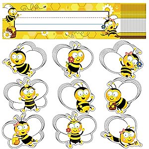 81 Pcs Bees Owls Cut Outs and Bees Owls Nameplates Bulletin Board Cutouts Self Adhesive Name Tags Teacher Name Plate for Desk Classroom Birthday Party Baby Shower School Teacher Supplies (Bee)