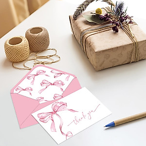 Whaline 24Pcs Pink Bow Thank You Cards with Envelopes and Stickers Watercolor Bow Greeting Cards Pink Blank Note Cards for Party Supplies