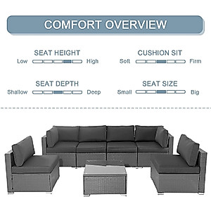 Incbruce 7-Piece Outdoor Furniture Sofa Set, All-Weather Gray Wicker Sectional Couch, Patio Conversation Sets with Glass Coffee Table and Washable Cushions (Grey)