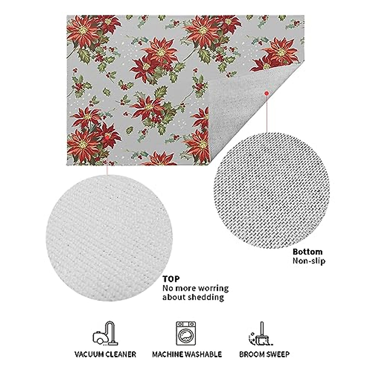 Indoor Outdoor Mats, Christmas Flowers and Leaves Tile Pattern Door Mat, Non-Slip Absorbent Resist Dirt Entrance Mat Washable Welcome Mats for Entryway, Low-Profile Floor Mats