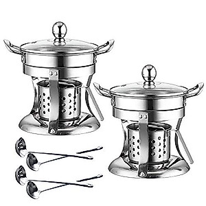 Shabu hot pot Stainless Steel Chafing Dishes hotpot single Mini cooking pot Cookware Non-Magnetic Burner with 2 spoons