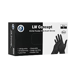 LW Concept Black Medical Nitrile Examination Gloves - Latex & Powder-Free, Disposable, Ultra-Strong, Healthcare, Food Handling Use (Large, Box of 100)