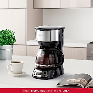 Holstein Housewares 5-Cup Programable Coffee Maker, Convenient and User Friendly, Black and Stainless Steel with Auto Pause and Serve Function, Glass Carafe