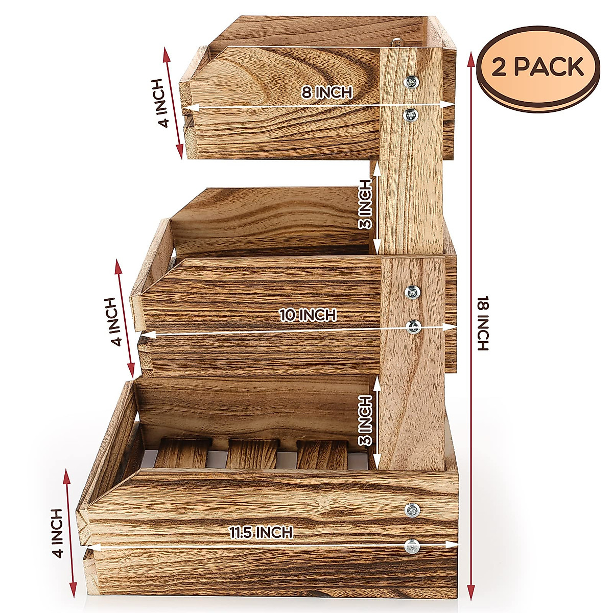 2 Pcs 3 Tier Fruit Basket for Kitchen Wooden Fruit Bowl Fruit Stand for Kitchen Countertop Heavy Duty Fruit and Vegetable Storage Holder for Fruit, Vegetables, Bread, Produce Home Storage and Display