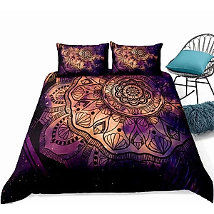 Abojoy Bohemian Duvet Cover Set, Purple Boho Chic Mandala Hippie Indian Galaxy Medallion Ethnic Floral Printed Bedding Soft Microfiber Quilt Duvet Cover with Zipper Closure(Queen, 3pc)