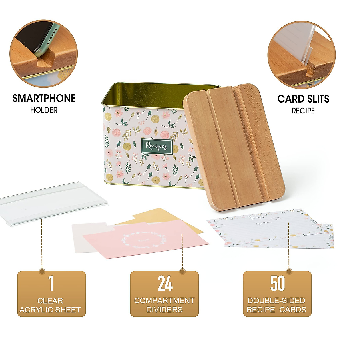 Cabbrix Recipe Box with Cards and Dividers, recipe cards and box set, Wooden Lid with Phone Holder and Card Holder, Decorative Recipe Tin with Gift Box (Pink)