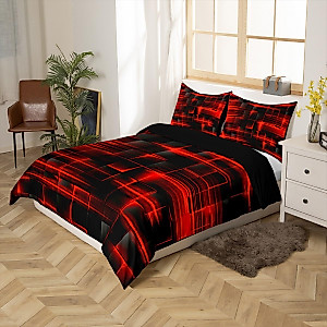 Feelyou Red Black Duvet Cover Queen Size Boys Girls Geometric Strip Lines Bedding Set for Kids Geometry Comforter Cover Set Abstract Modern Bedspread Cover Room Decor Bedclothes Zipper