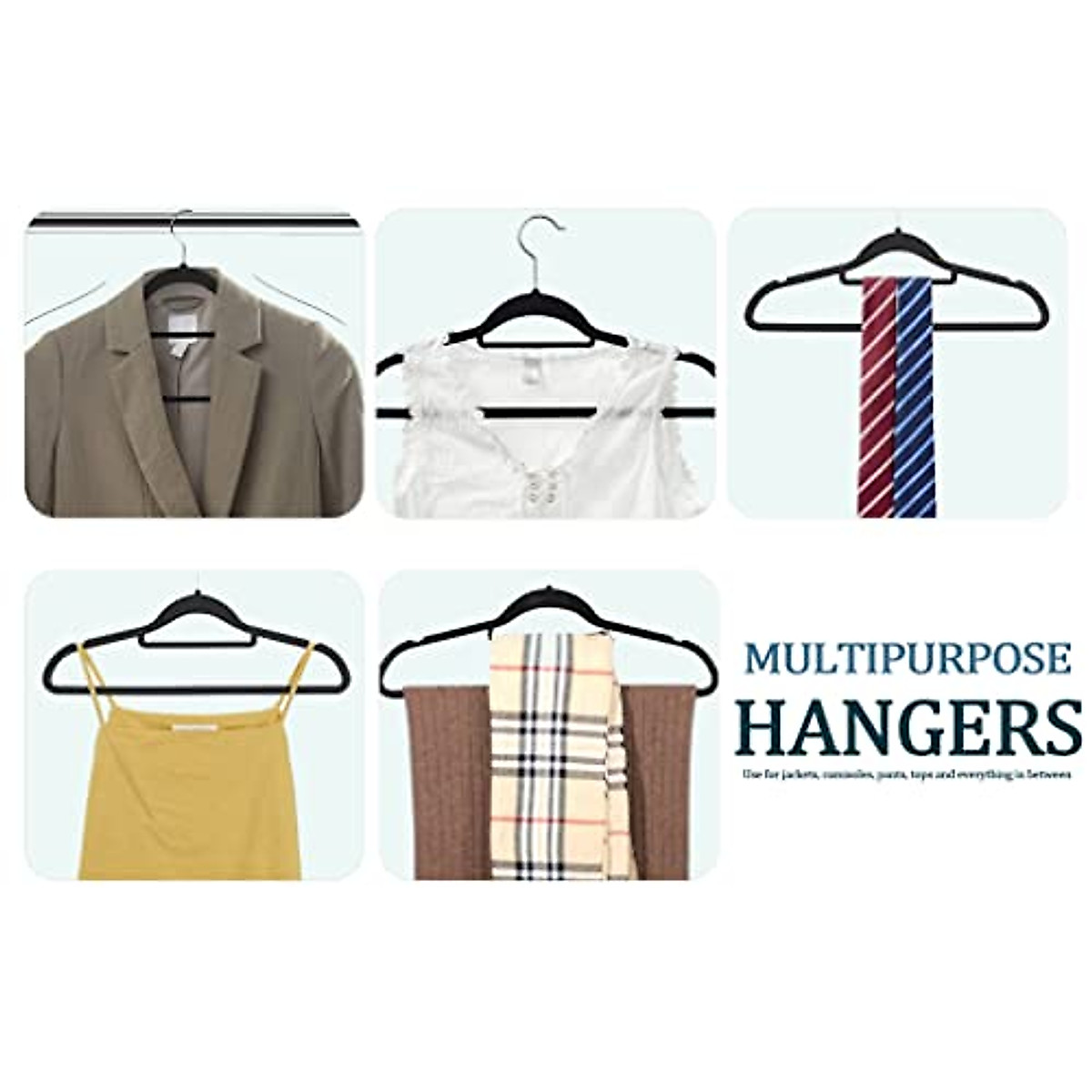 GVTECH Premium Velvet Hangers, [50 Pack] Non Slip and Heavy Duty Velvet Suit Hangers (45cm) with Tie Bar, 360° Swivel Hooks, Sturdy to Hold Jumper, Pullovers, Jackets & Hoodies (50 Pack, Black)