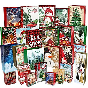 Party Funny 24 Christmas Gift Paper Bags Bulk with handles and 60 Count Christmas Gift Tags-Assorted sizes set for Wrapping Xmas Holiday Presents(6 Jumbo,6 Large,6 Medium,4 Small,2 Wine)