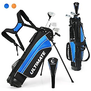 Tangkula Junior Golf Club Set for Children Right Hand, Includes #3 Fairway Wood & #7/#9 Irons, Putter, Head Cover & Rain Hood, Golf Stand Bag, Perfect for Children, Kids