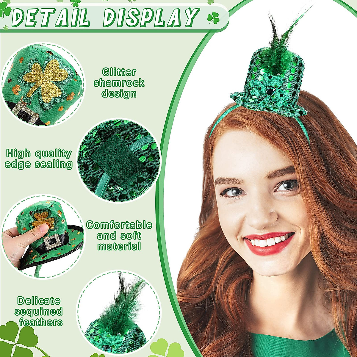2 Pieces St. Patrick's Day Top Hat Headband Irish Sequin Shamrock Green Hat Headband Saint Patty's Day Headband St Patricks Day Headwear Accessories Irish Feathered Headbands for Women and Children