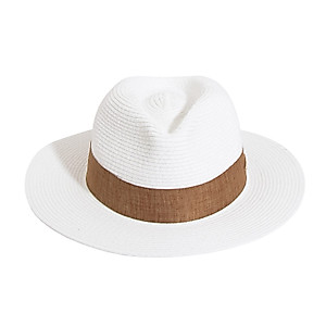 Cmprvgd Women Panama Sun Straw Hat Fedora Travel Wide Brim Packable Summer Beach Hats UPF 50+ White