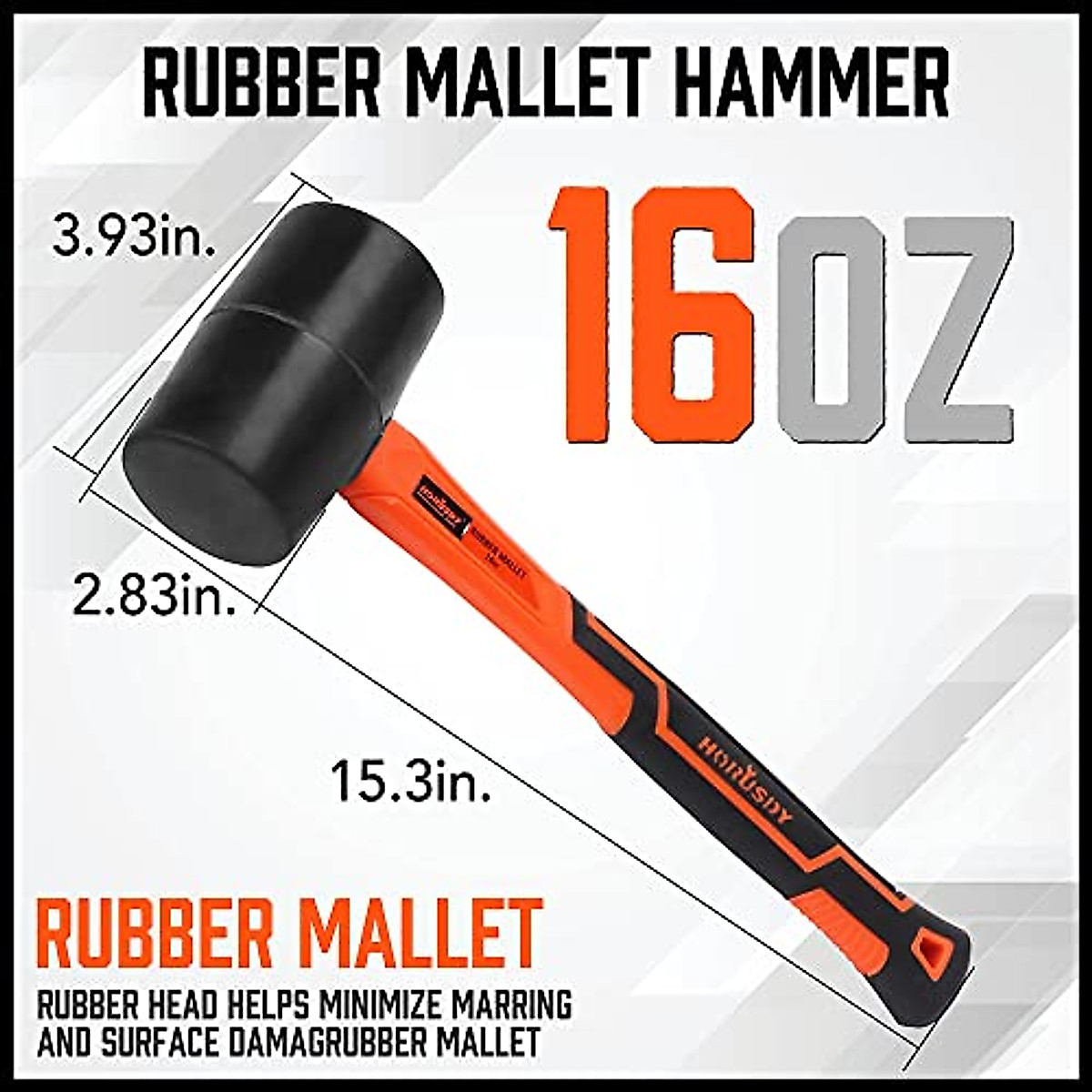 HORUSDY 16 oz Rubber Mallet Hammer, Fiberglass Rubber Mallet Handle (16oz Rubber Mallet)