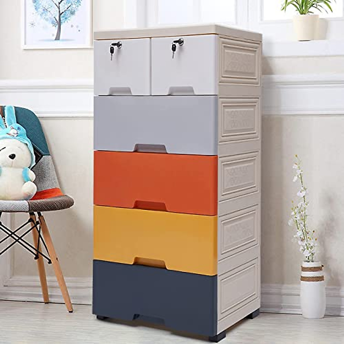DYRABREST Plastic Dresser Storage Tower, Vertical Clothes Storage Tower Drawers Organizer, Modern Deluxe Closet Drawers Organizer with Wheels for Bedroom Furniture,Home, Office (Type2 with Locks)