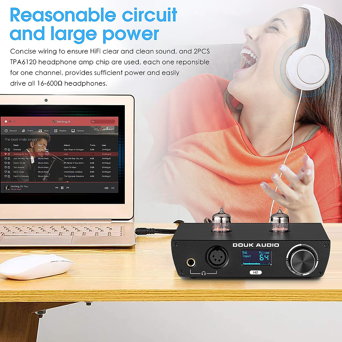Douk Audio H2 Vacuum Tube Balanced Headphone Amplifier Amp with XLR, RCA, 6.35mm Ports and LED Display for Desktop Home Audio