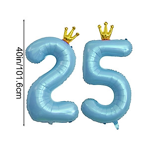 YFHVJTKO 40 Inch Number 25 Blue Crown Balloon Set,25th Celebration Decorations for Happy 25th Birthday Party Wedding Bridal Shower Engagement Photo Shoot Anniversary Decoration, Baby Blue 25 Balloon