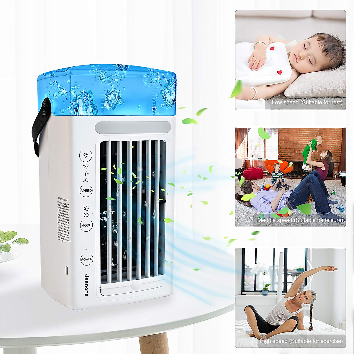 Jeenone Portable Air Conditioner Fan, 5 in 1 USB Personal Evaporative Air Cooler with 3 Speeds, Personal Air Conditioner with 8 Colors Light Humidifier Misting Fan for Office, Home, Travel