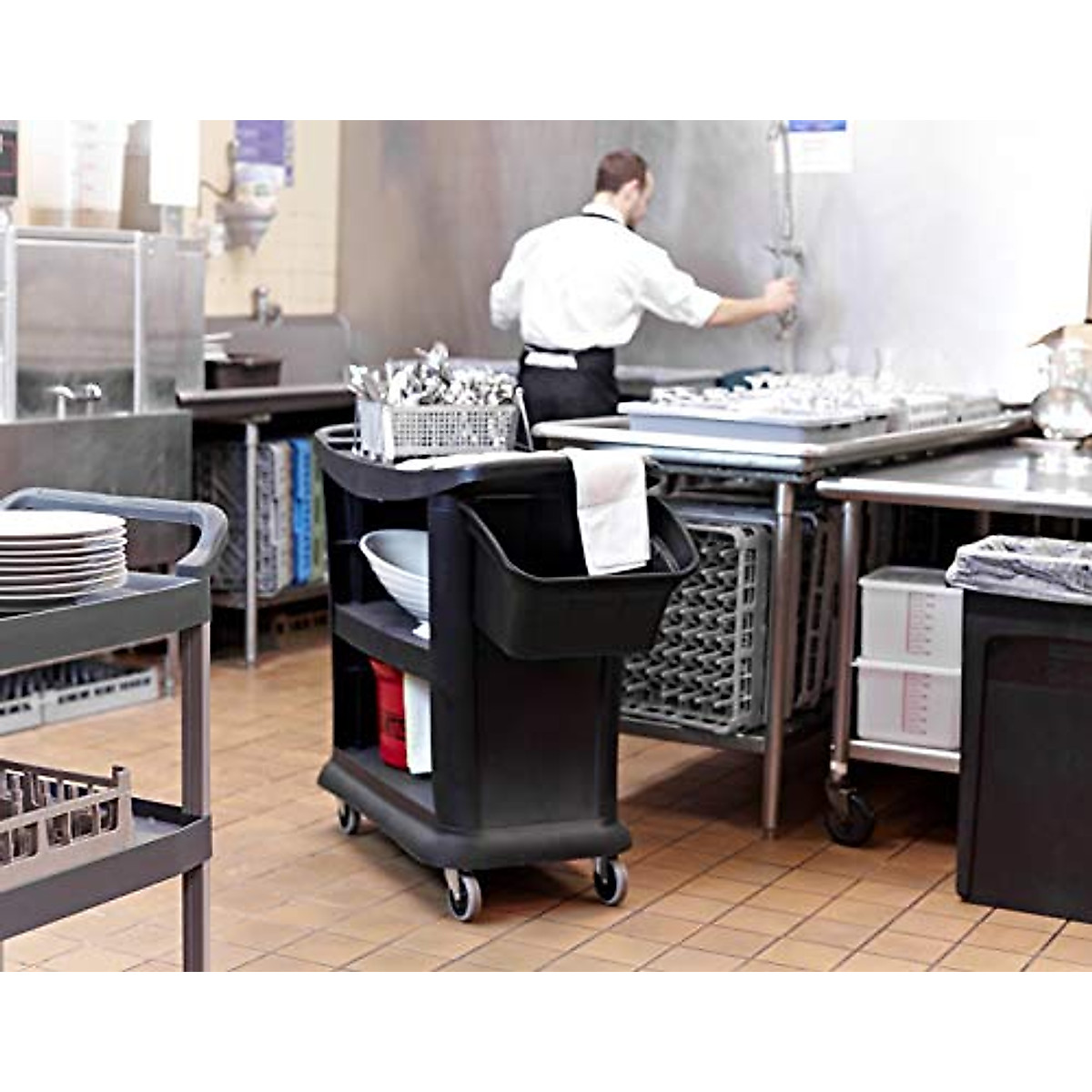 Rubbermaid Commercial Products Executive Series Utility Cart with Wheels, Black, Two Shelf Cart for Kitchen/Restaurant/Cafeteria/School/Storage 300 lbs. Capacity