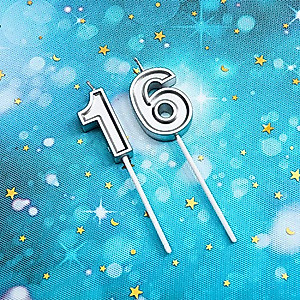 16th Birthday Candles Cake Numeral Candles Happy Birthday Cake Candles Topper Decoration for Birthday Wedding Anniversary Celebration Supplies (Silver)