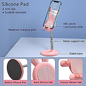 SOARCHICK Portable Cell Phone Stand for Desk Cute Bunny Height Angle Adjustable Tablet Phone Desktop Stand Holder Riser Compatible with iPhone, iPad, Tablets, Kindle, Switch, Smartphones (Pink)